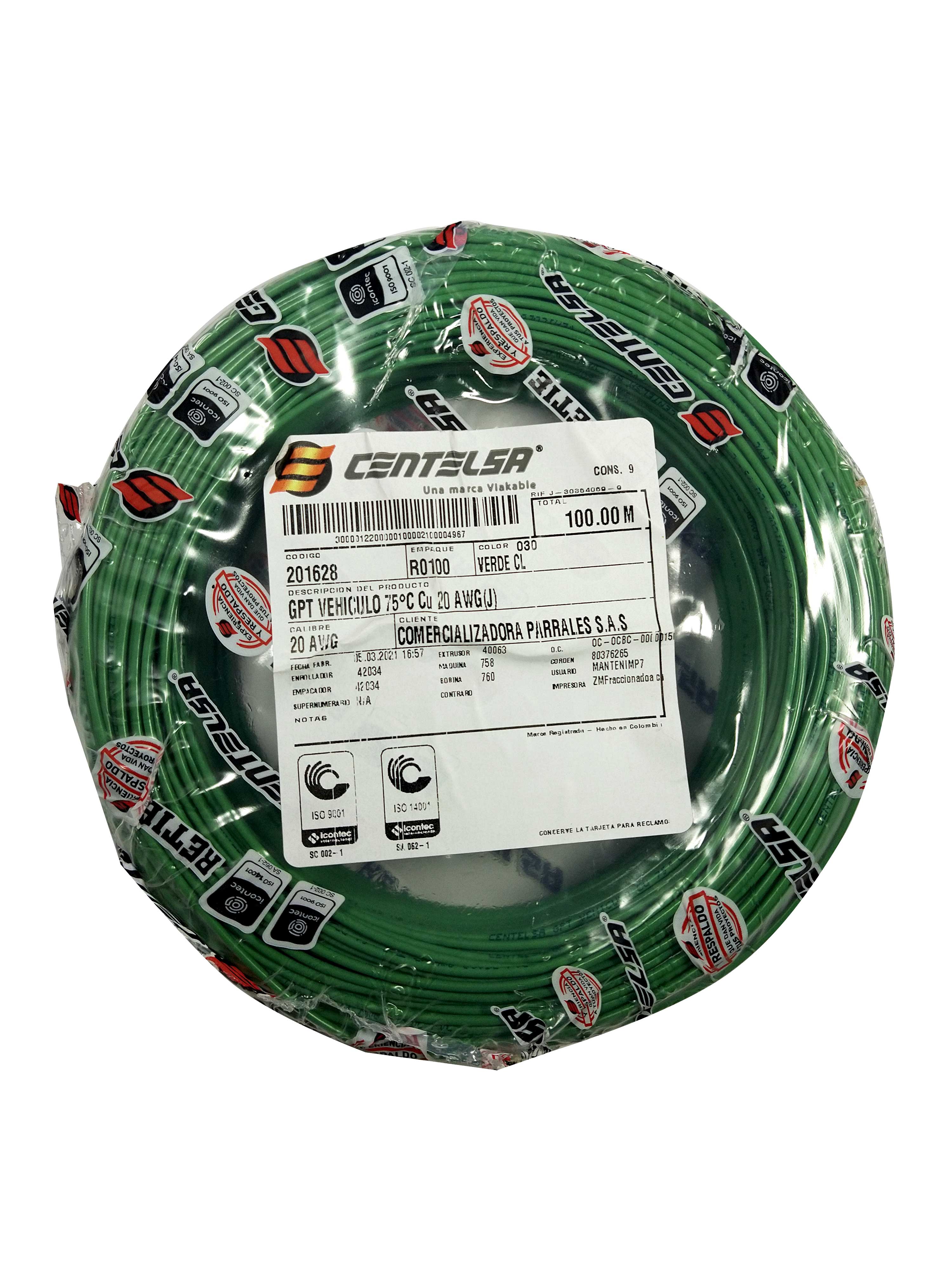 Cable No 22 Awg 105C 600V Rollox100 Verde Claro 201627R1VLCLARO